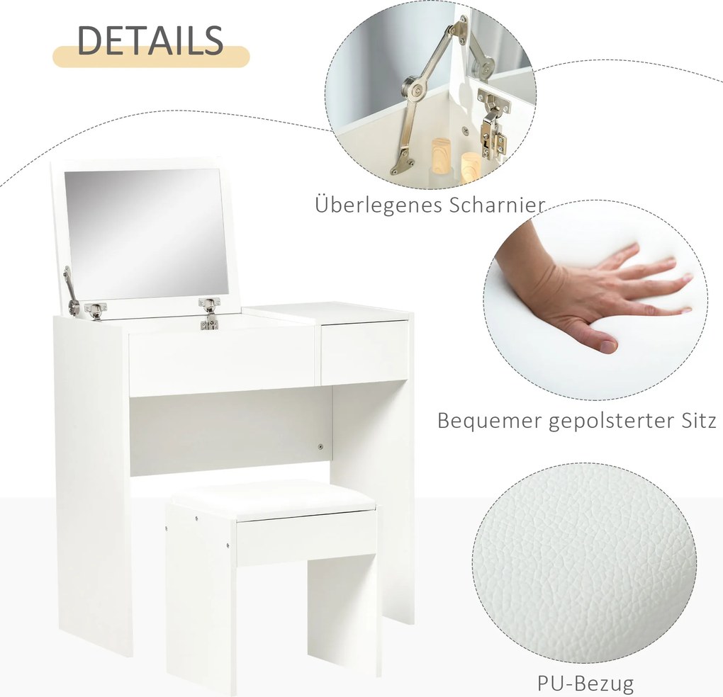 HOMCOM Moderní toaletní stolek 80Š x 40H x 79V cm se sklopným zrcadlem, zásuvkou a úložným prostorem + stůl