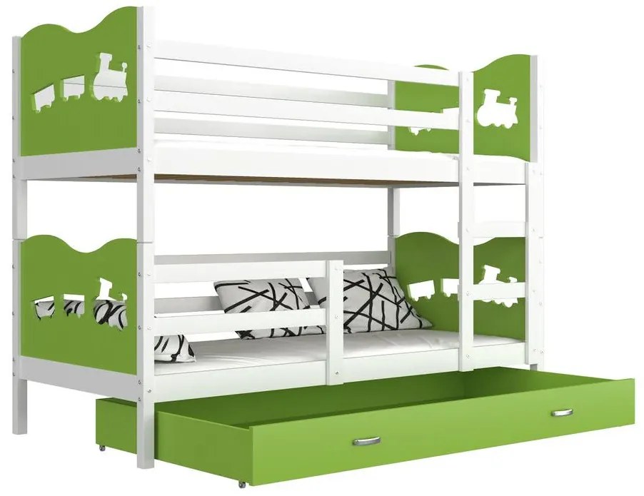 Expedo Dětská patrová postel FOX 2 COLOR + matrace + rošt ZDARMA, 190x80, bílý/zelený - vláček