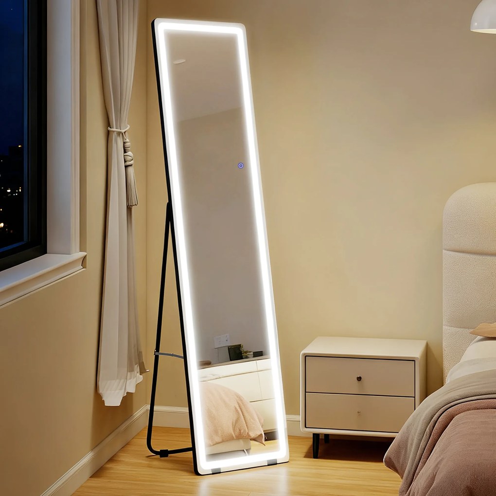 HOMCOM stojací zrcadlo 2 v 1 s LED světlem, volně stojící, hliník, nastavitelný světelný zdroj, 40 cm x 37 cm x 157,5 cm