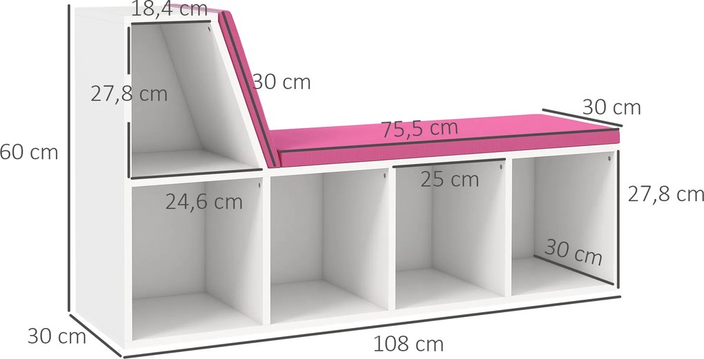 HOMCOM knihovní regál 2 v 1 s lavicí, 5 úložných přihrádek a 2 polštáři 108 x 30 x 60 cm bílá/růžová