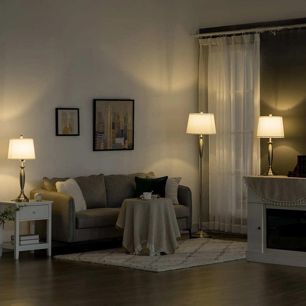HOMCOM 3-dílná sada stojací lampa a 2 stolní lampy E27 stříbrná a bílá pro obývací pokoj ložnici moderní osvětlení | Aosom.de