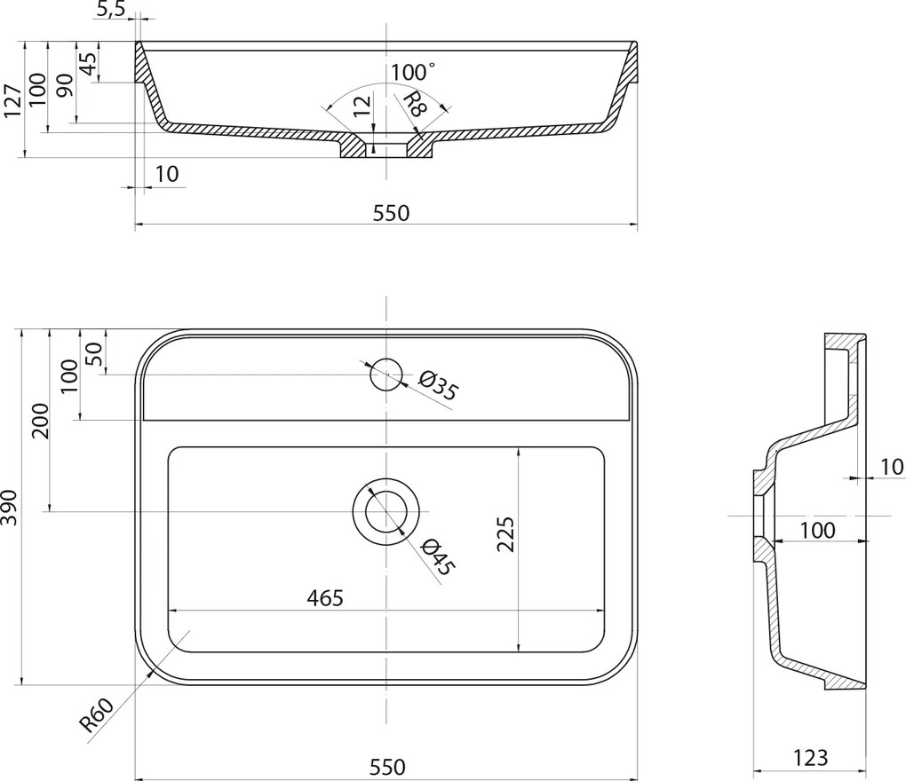 Sapho Brahea umyvadlo zápustné 55 x 39 cm s otvorem pro baterii bez přepadu Rockstone bílá mat BE755