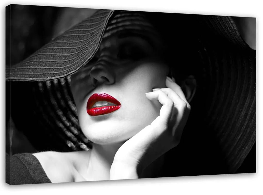 Obraz na plátně Žena v černém klobouku a s červenými rty - 60x40 cm