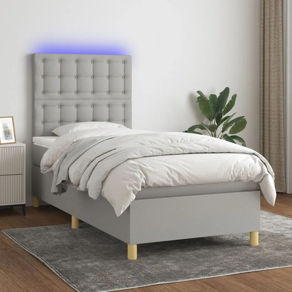 Box spring postel s matrací a LED světle šedá 100x200 cm textil 3135733