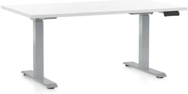 Výškově nastavitelný stůl OfficeTech D, 140 x 80 cm, šedá podnož, bílá