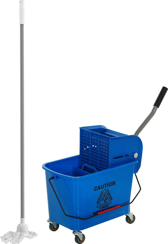 HOMCOM kyblík na vytírání s ždímacím zařízením, přepážkou na oddělení vody a kolečky, objem 20 l pro domácí úklid, 45x26,5x70 cm, modrý