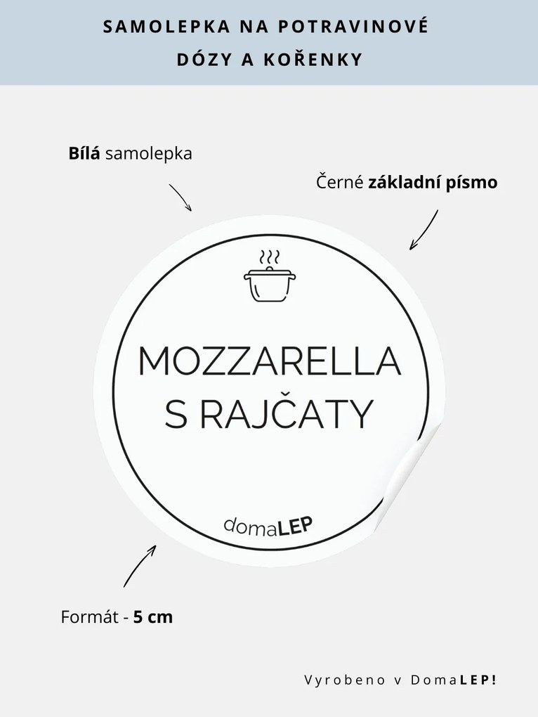 Samolepka na kořenky MOZZARELLA S RAJČATY bílá 5 cm základní písmo