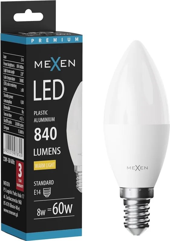 Mexen Nova, LED žárovka E14, C37, 7W, teplá - 3000K, 735 lm - L102-E14-0730-01