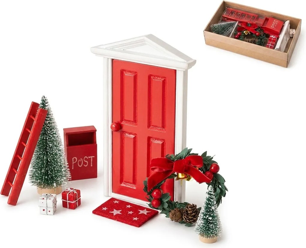 Dveře pro vánočního skřítka s doplňky ELF DOOR 17,5 cm, červené