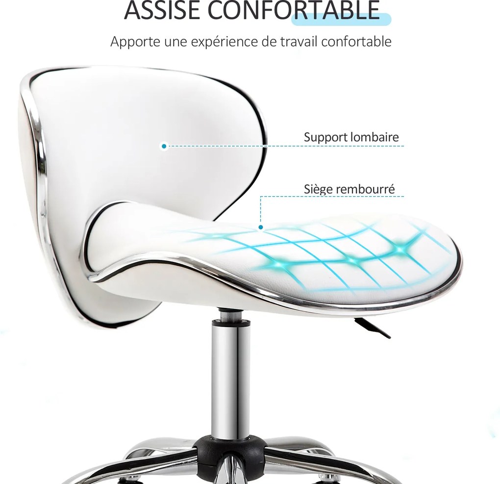 HOMCOM Rolling Stool Pracovní Stolička s Nastavitelnou Výškou 44-56 cm a Opěradlem, 360° Otočná Kancelářská Stolička pro Masážní Salón, Kancelář, Kli…