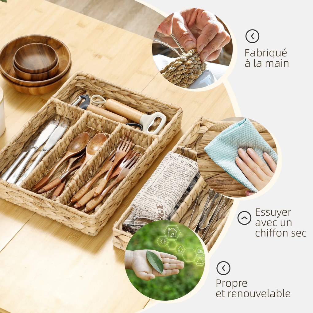 HOMCOM Obdélníkový Úložný Koš, Woven Storage Basket z Vodního Hyacintu s 4 Odděleními, Úložný Koš pro Kuchyni, Koupelnu, Ložnici, Přírodní