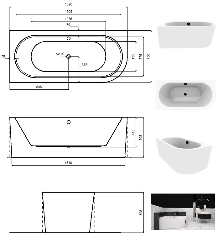 Besco Avita A-line volně stojící akrylátová vana se sifonem, napouštění přes přepad B&W Délka vany: 160cm, Orientace: Levá