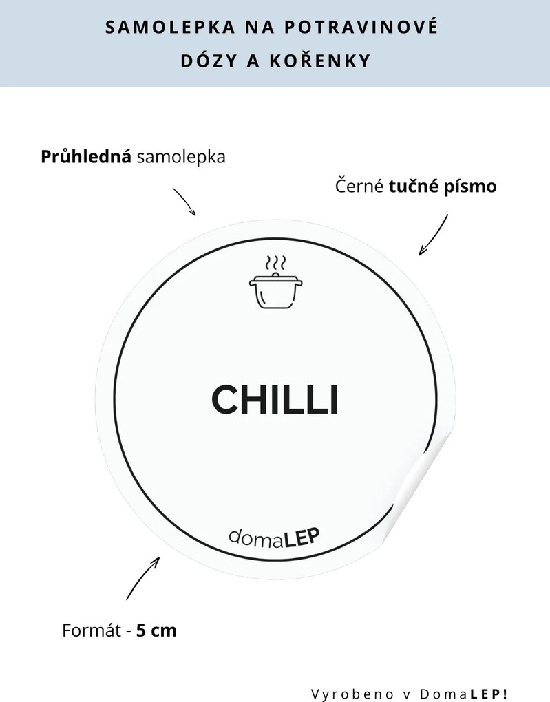 Samolepka na kořenky CHILLI průhledná 5 cm tučné písmo