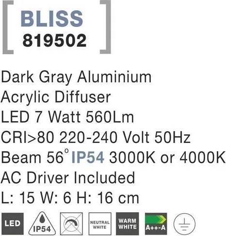 NV 819502 Venkovní nástěnné svítidlo BLISS tmavě šedý hliník akrylový difuzor LED 7W 3000K 220-240V 56st. IP54 vč. driveru - NOVA LUCE