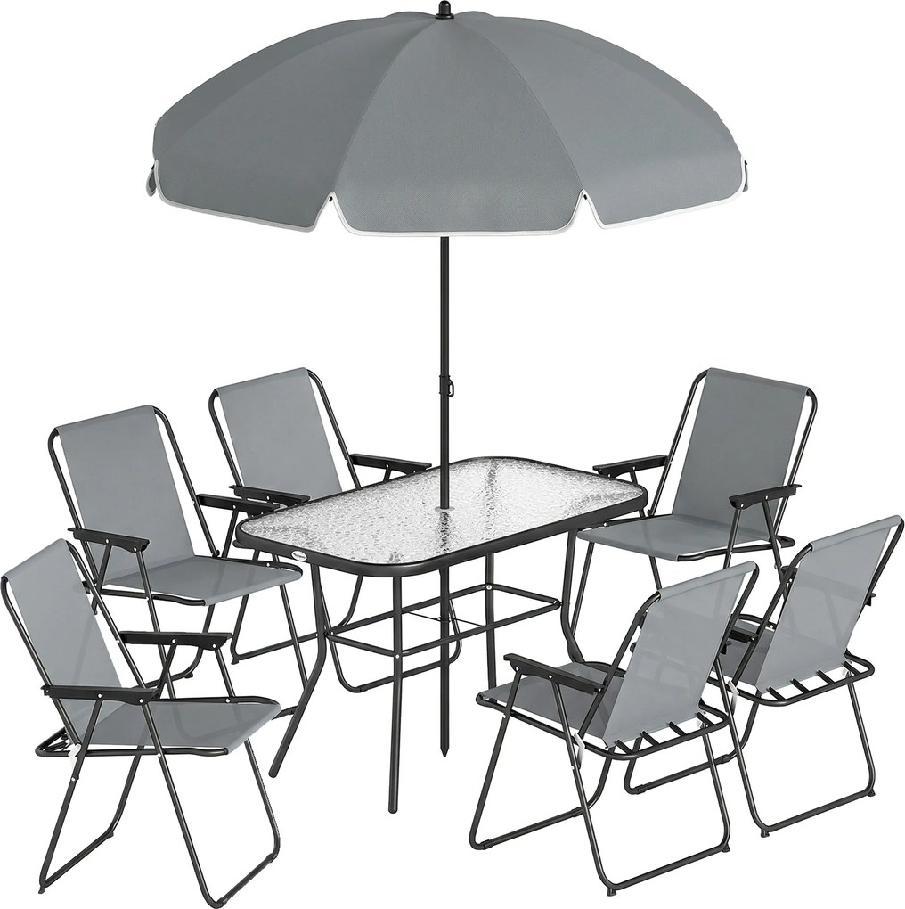 Sada zahradního nábytku sedací souprava 119 x 68 cm skleněný stůl se 6 skládacími židlemi slunečník vzor vodní vlna šedá