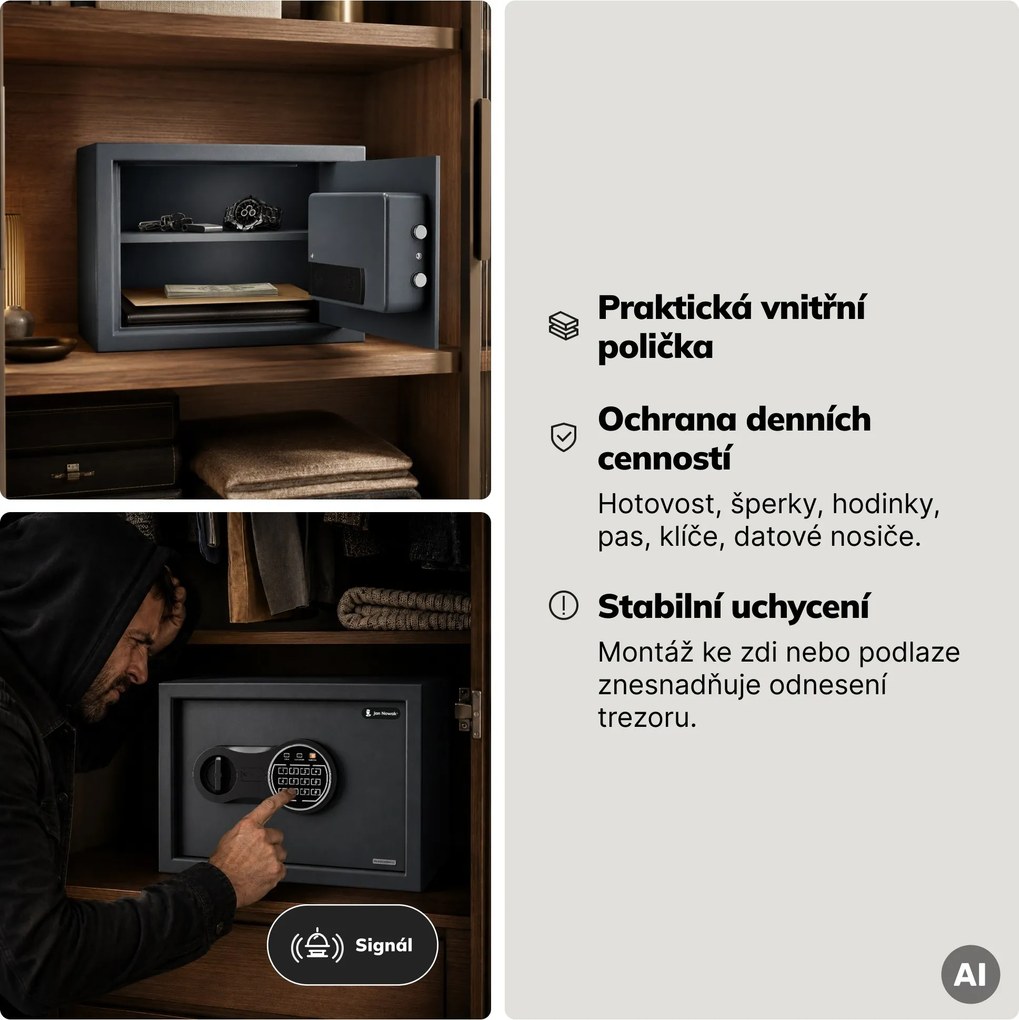 Malý domácí trezor, elektronický zámek na kód, na peníze a dokumenty, 350x250x250 mm: DORIAN