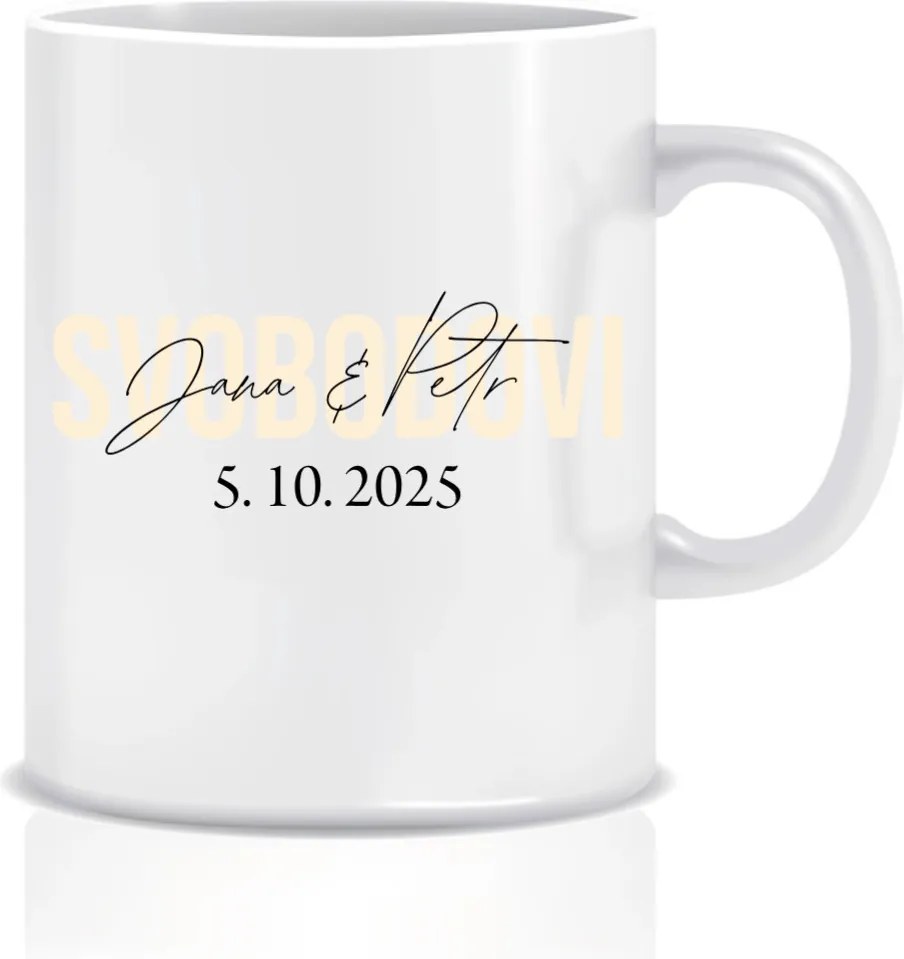 Personalizovaný klasický bílý keramický hrníček 300 ml se jmény novomanželů