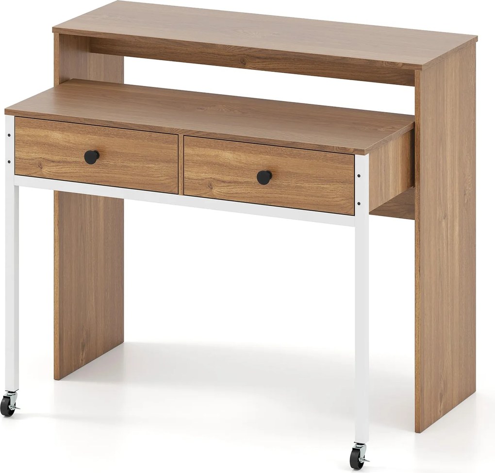 Costway Rozkládací stůl malý s 2 zásuvkami a kolečky – 100 × 63 × 88 cm