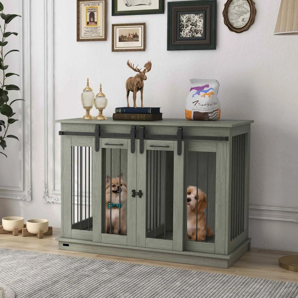 PawHut Psí Obojek s Možností Dvou Místností, Moderní Kovový Box pro Psy s 2 Dveřmi, Psí Dům pro Velké Psy do 30 kg, Psí Dům 120 x 60 x 88,5 cm Šedý
