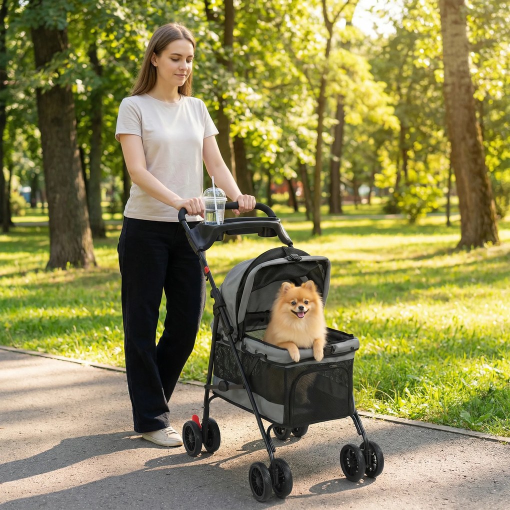 Skládací kočárek pro malé psy a kočky PawHut, do 10 kg, lehký čtyřkolový s otočnými koly a brzdami, prodyšná síťovina, pratelná vložka, tácek a držák…