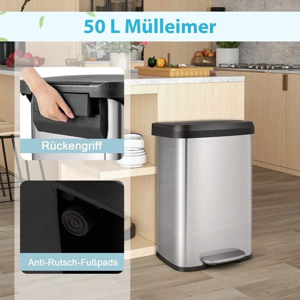 Costway Kuchyňský odpadkový koš 50 l s měkkým zavíracím víkem a – stříbro