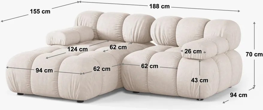 Světle šedá sametová modulární rohová pohovka (levý roh/s lenoškou) Bellis – Micadoni