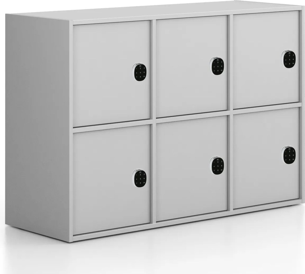 Kancelářská skříň FRAME, nízká, 6x dveře, 1299 x 450 x 881 mm, kódový zámek, šedá