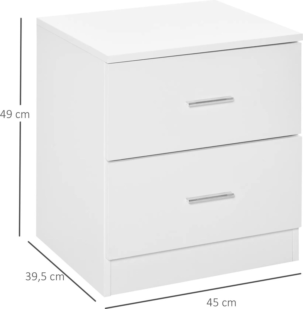 HOMCOM Moderní Noční Stolek s 2 Zásuvkami, Stolek do Obývacího Pokoje a Ložnice, Nosnost 30 kg, 45x39,5x49 cm, Bílý