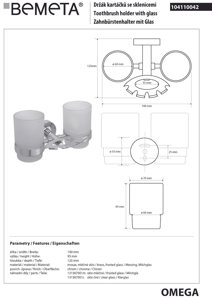 Bemeta Design OMEGA: Držák kartáčků, dvojitý, sklo -