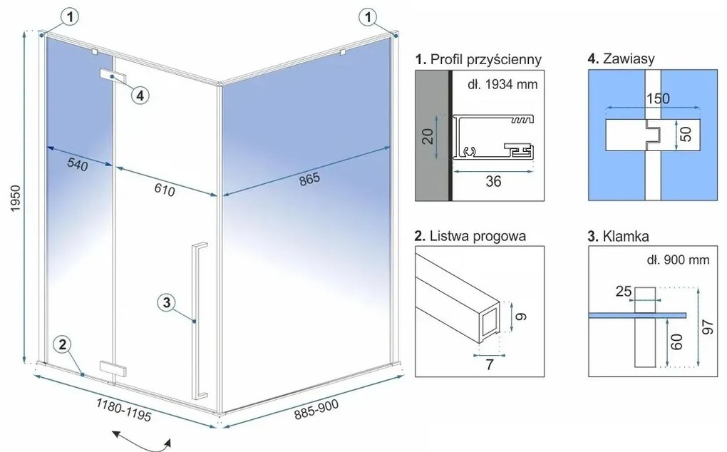 Sprchový kout REA FARGO 90/zástěna x 120/dveře cm, zlatý/transparent - bez vaničky