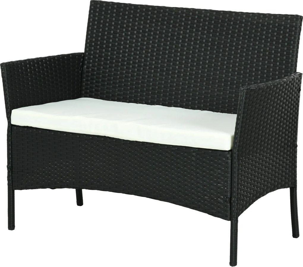Outsunny PE Ratan a Ocelový Zahradní Sofas, 2-Místný s Polštářem a Opěrkami, 100x54x80cm, Černý | Aosom