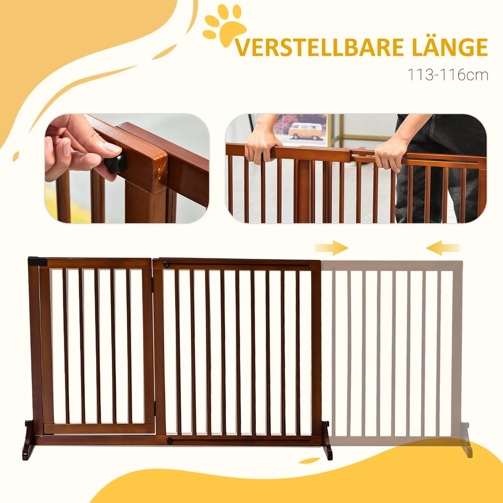 PawHut zábrana Volně stojící bezpečnostní brána pro psy s dvířky, dřevěná bezpečnostní brána, hnědá, 113-166x36x71cm| Aosom