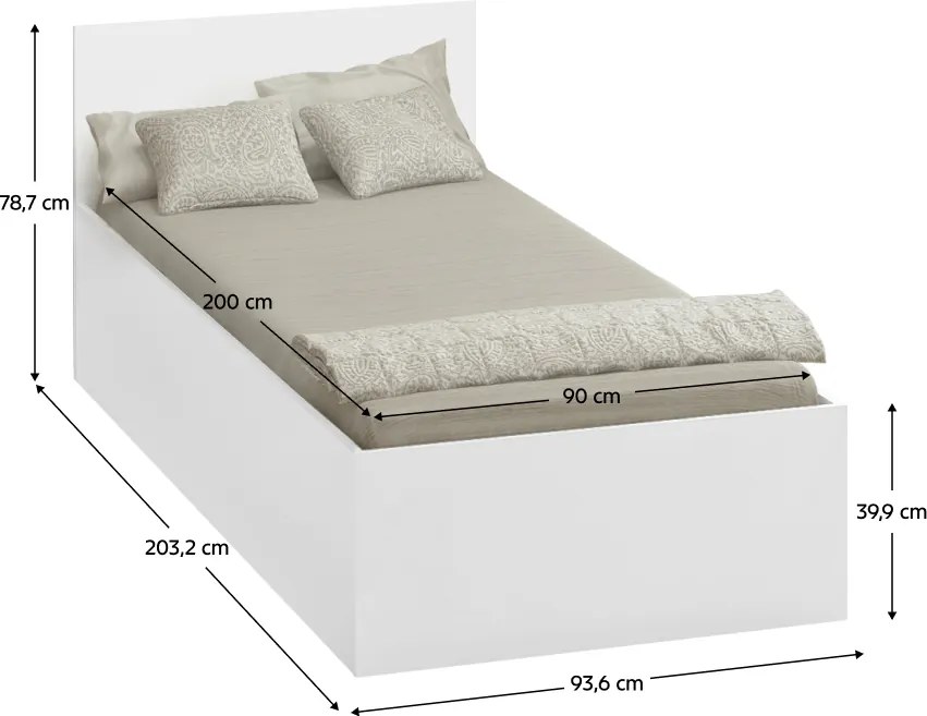 Postel s kovovým roštem a úložným prostorem, 90x200, bílá, DOLI