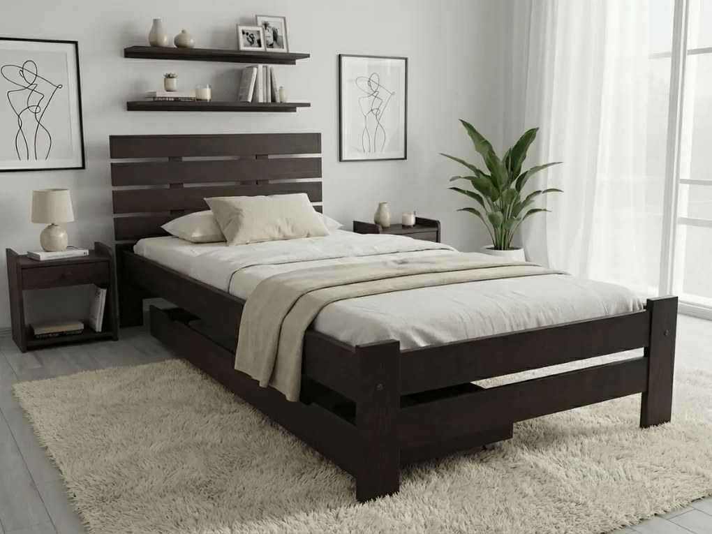 Postel PARIS zvýšená 90 x 200 cm, ořech Rošt: S lamelovým roštem, Matrace: Matrace Deluxe 10 cm
