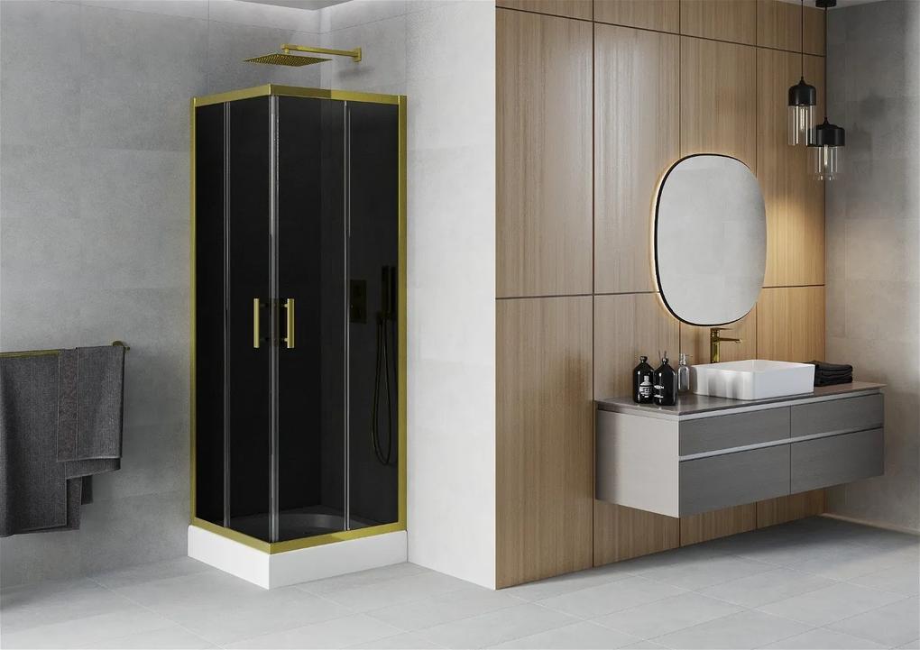 Mexen Rio, čtvercový sprchový kout s posuvnými dveřmi 70 (dveře) x 70 (dveře) x 190 cm, 5mm šedé sklo, zlatý profil + bílá sprchová vanička RIO, 860-070-070-50-40-4510
