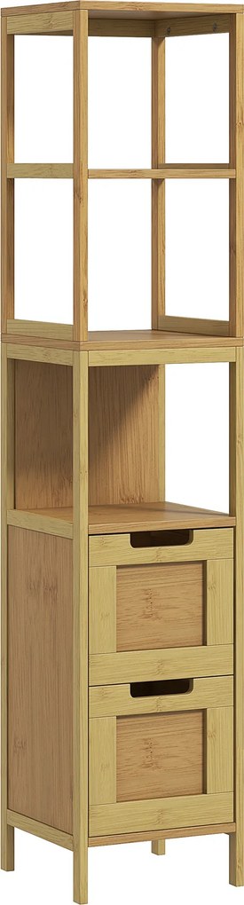 Kleankin Elegantní koupelnová sloupová skříňka 30L x 30W x 144H cm se 3 policemi a 2 zásuvkami z přírodního bambusu