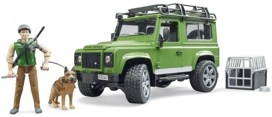 Bruder 02587 Land Rover Defender, figurka myslivce a psa