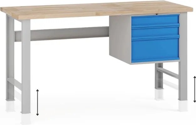 Výškově nastavitelný dílenský stůl G7, buková spárovka, 1700 x 800 x 840-1040 mm, 1x kontejner, 3 zásuvky, modrá