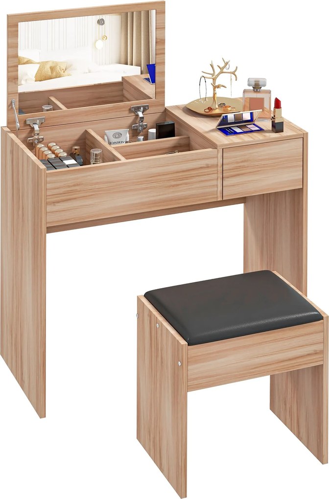 HOMCOM Toaletní stolek s taburetem a sklopným zrcadlem, 80x40x79 cm a 40x30x40 cm, přírodní | Aosom