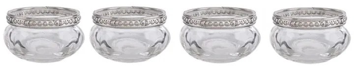 Set 4 skleněných transparentních svícnů na čajovou svíčku se stříbrným dekorem – 6x3 cm