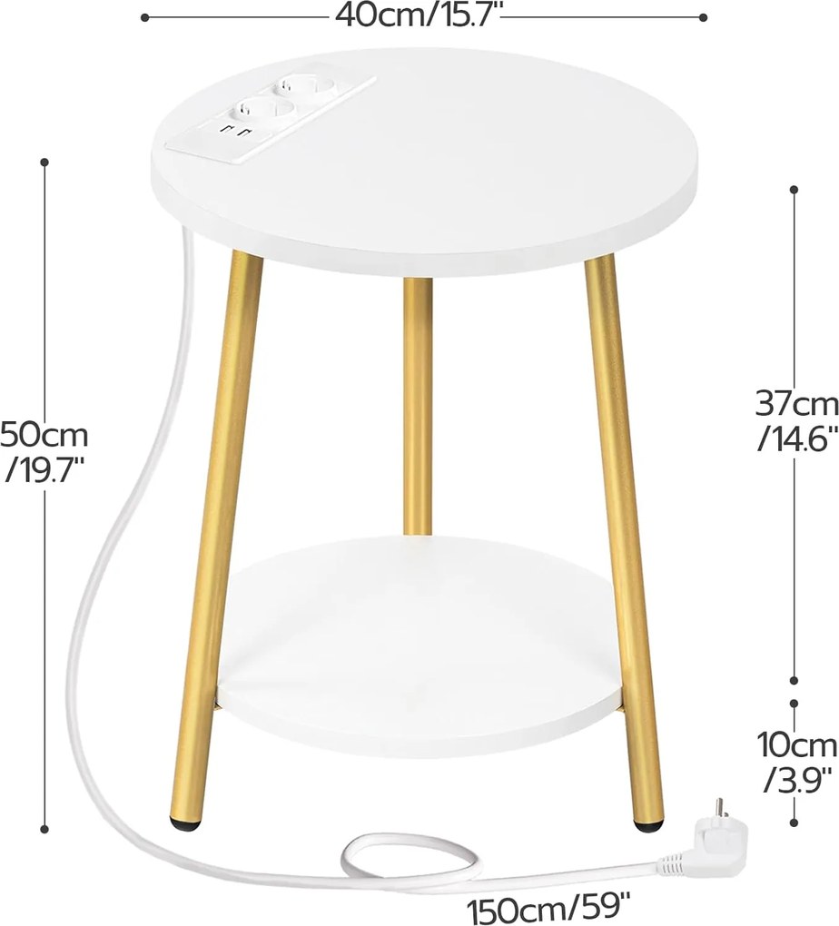 Kulatý odkládací stolek Vasagle Luretta 40 cm s nabíjecí stanicí bílý/zlatý