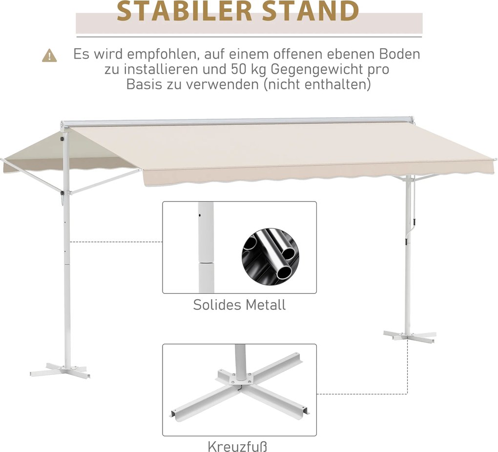 Stojící markýza Markýza 4,5 x 3,4 m kryt terasy zahradní markýza se skládacím ramenem klika terasa krémová hliníková kovová