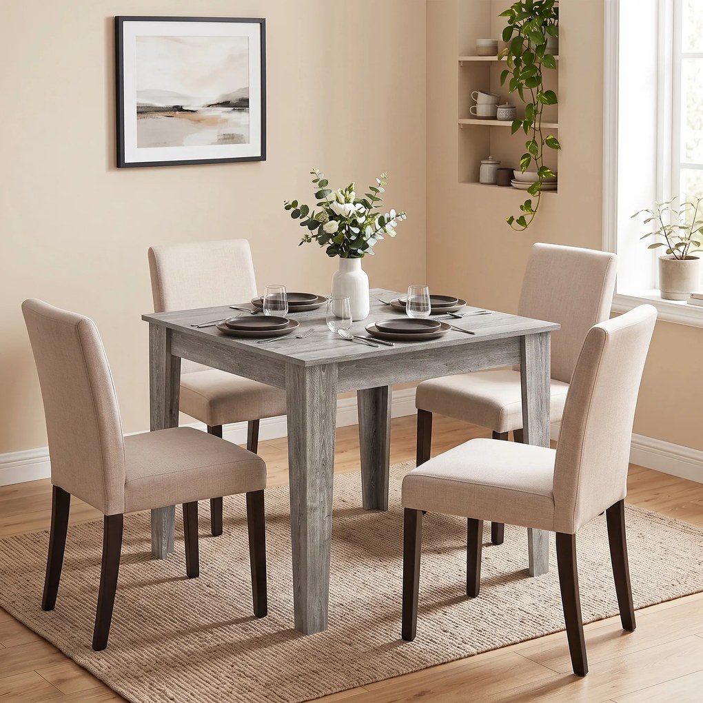 HOMCOM jídelní stůl pro 4 osoby, čtvercový kuchyňský stůl 80x80x75 cm s protiskluzovými nožičky, šedý dřevěný efekt