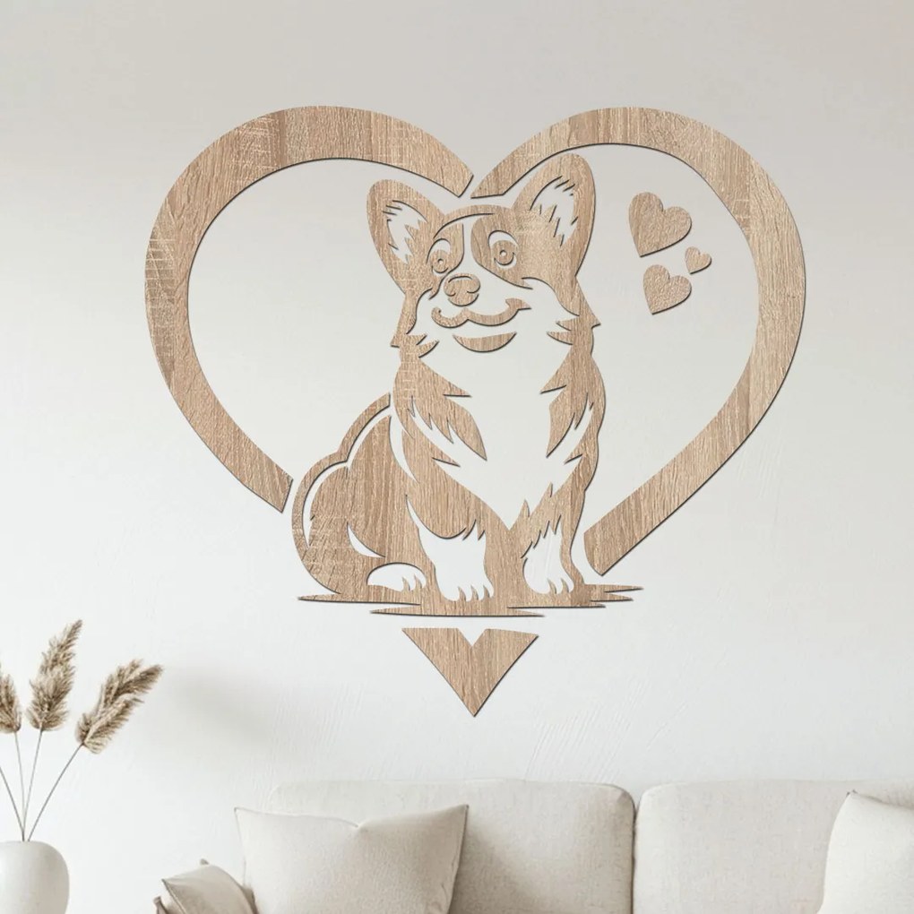 dřevo života Dřevěná dekorace Corgi láska Zvolte rozměr (cm): 40x37, Zvolte barvu dekoru: Třešeň