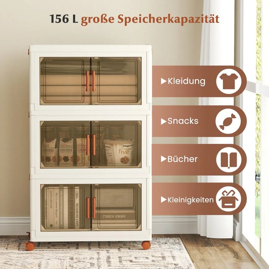 Costway Úložný box s víkem a kolečky a průhlednými dveřmi Skládací – bílý