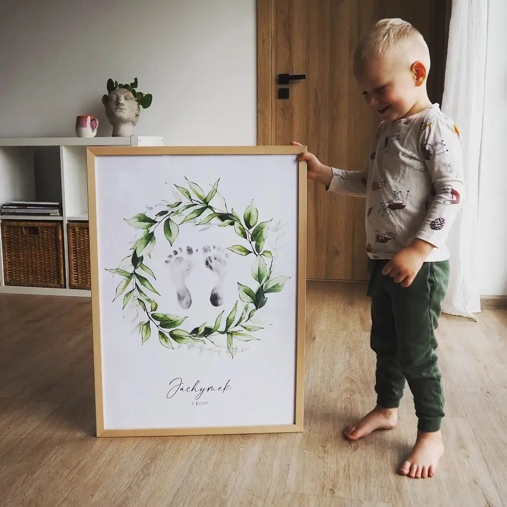 Jen tak z lásky Plakát Otisk nožiček Rozměr plakátu: 40 x 50 cm, Varianta plakátu: S údaji o narození, Barevná varianta věnce: Kapradí