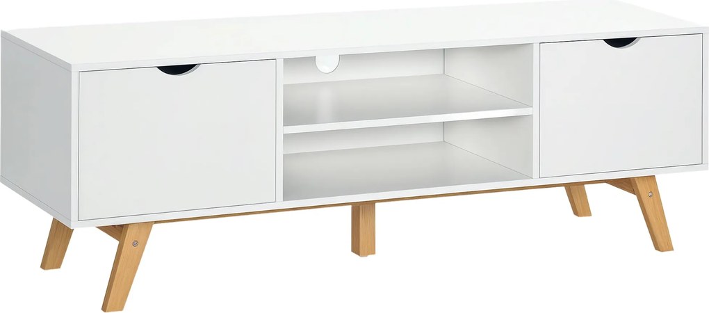 HOMCOM Moderní TV Stolek pro Televize do 65 palců s 2 Dveřmi, 2 Otevřenými Policemi a Dřevěnými Nohami 150x39x50 cm Bílý | Aosom