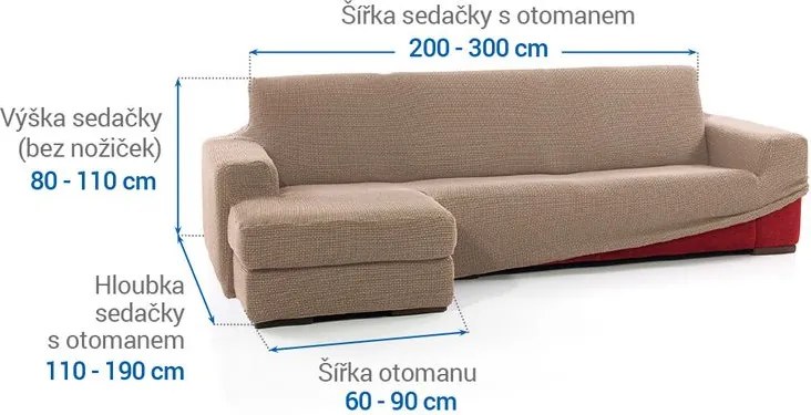 Super strečové potahy NIAGARA oříšková sedačka s otomanem vlevo (š. 200 - 300 cm)