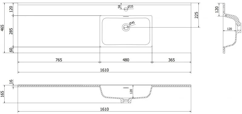 Mexen Otis umyvadlo zapuštěné do desky, pravé, 161 × 46,5 cm, bílá matná, 25181601P