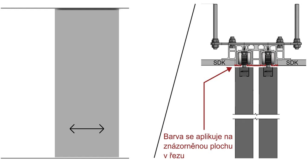 JAP Dvoukolejnicový posuv do stropu skrytý PREMIUM - podhled z obou stran - BARVA šířka průchodu/ délka kolejnice: 95/ 200 cm, typ kotvení: na závitové tyče